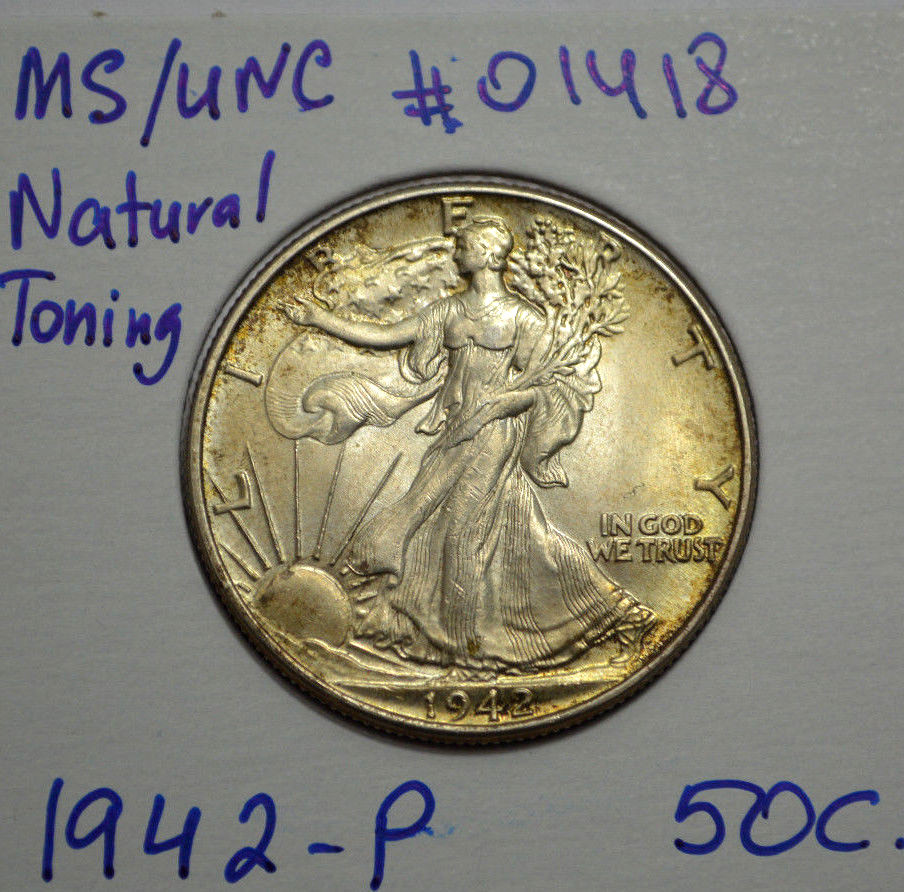1942-P MS/UNC Walking Liberty Half Dollar Natural Toning US COIN 90% ...