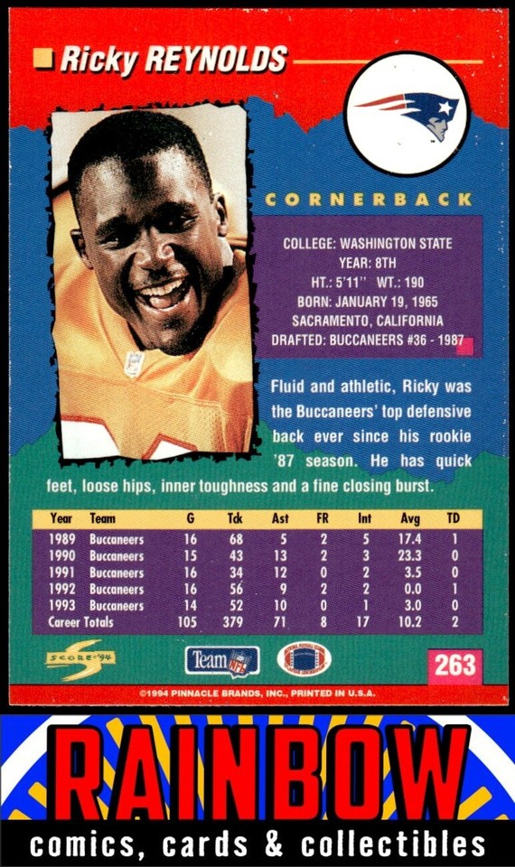 1994 Score #263 Ricky Reynolds New England Patriots | eBay