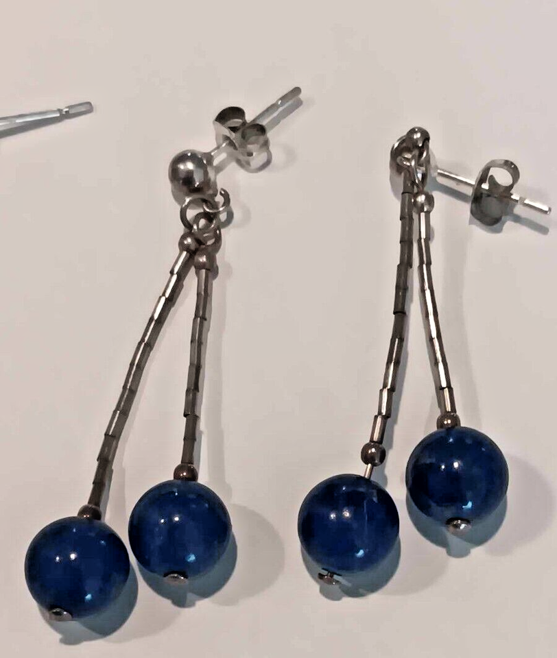 Earrings Bead Long Thin strand Dangle Post Vintage Lot of 2 Blue ...