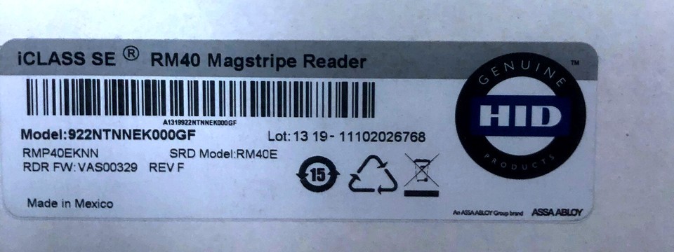 New HID iCLASS SE RM40 Wiegand Pigtail Smart Card Reader - Black ...