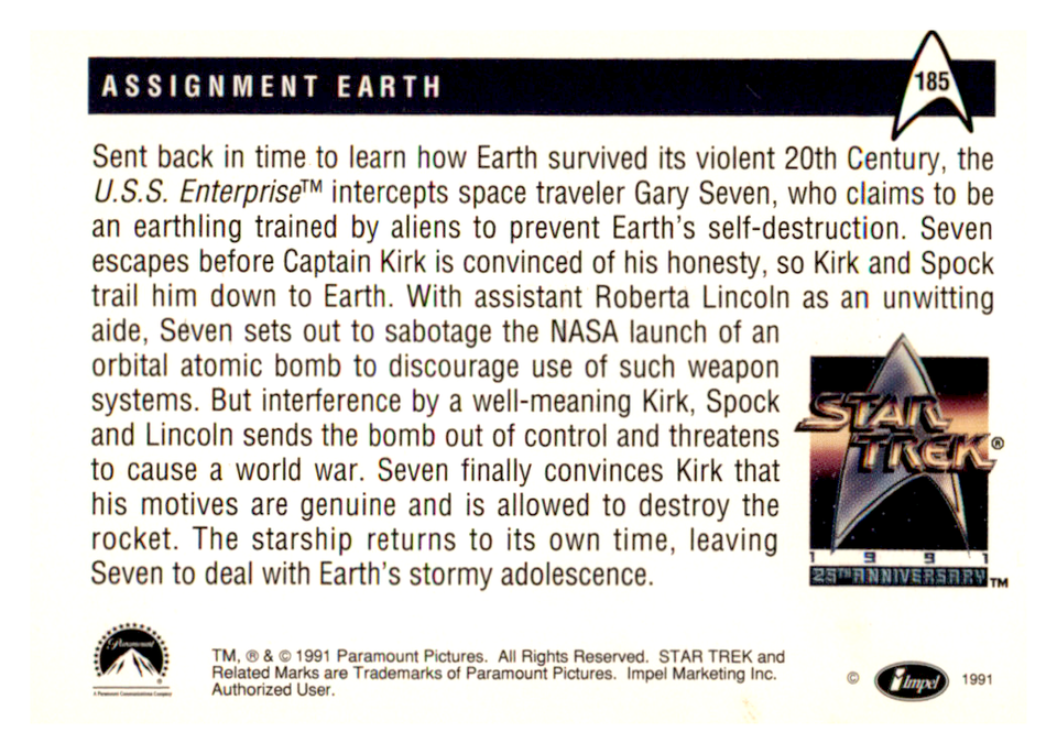 1991 STAR TREK Assignment Earth Trading Card #185 Paramount Pictures | eBay