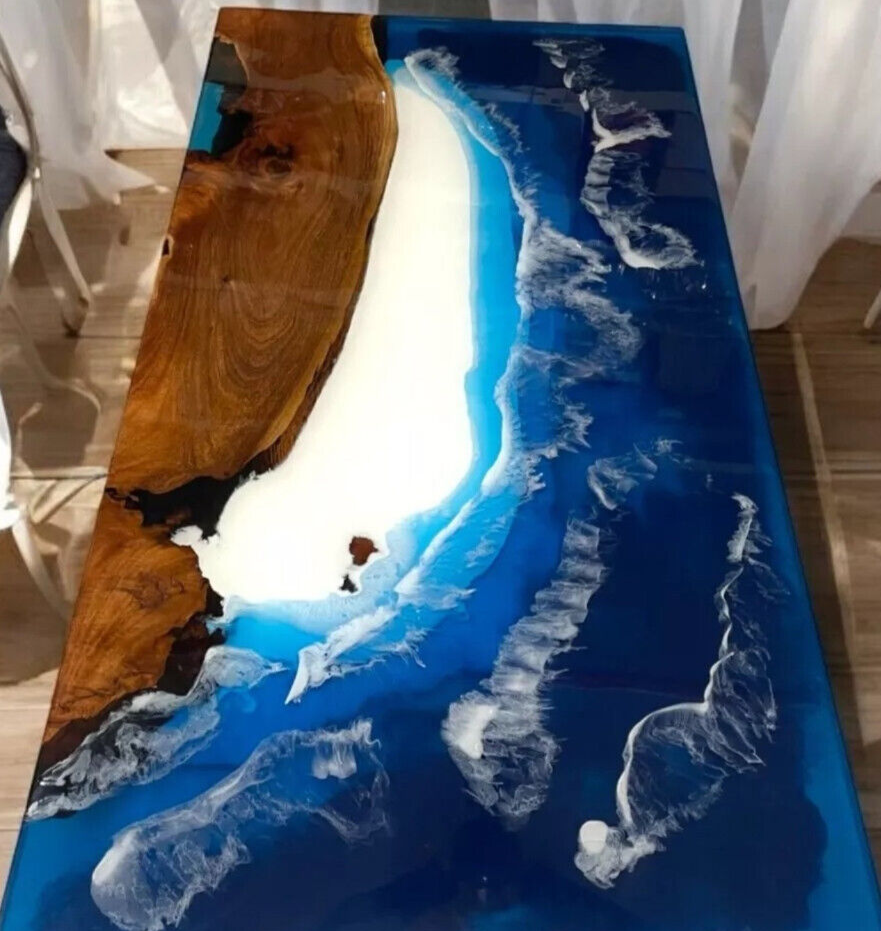 Coffee Table, Ocean Waves Blue Epoxy Table, Rectangle Dining Table ...