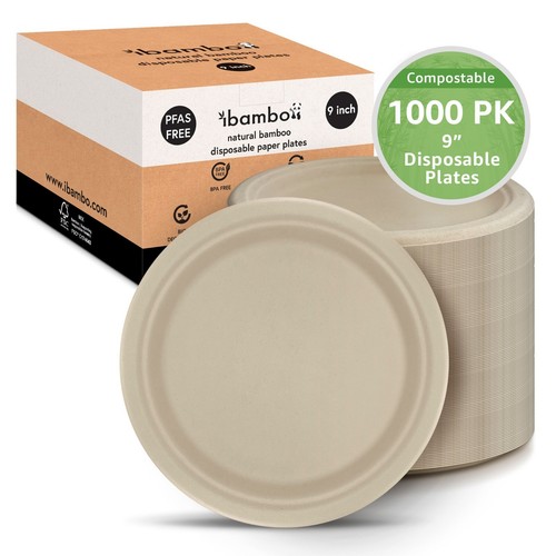 Ibambo Bamboo Disposable Paper Plates - 9 Inch, 1000 Pack, Compostable ...