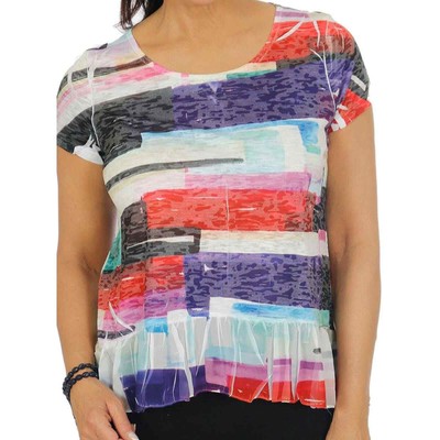 Impulse Women's Stripe Print Top Size L Abstract Dressy T-Shirt Ruffle ...