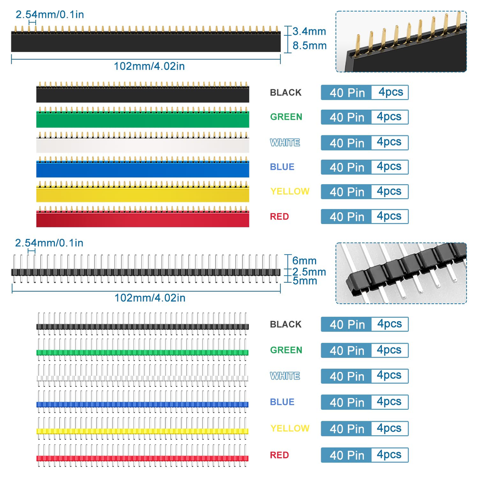 348 PCS Color Pin Header Kit, Male & Female Pin Header Connector 2.54Mm ...