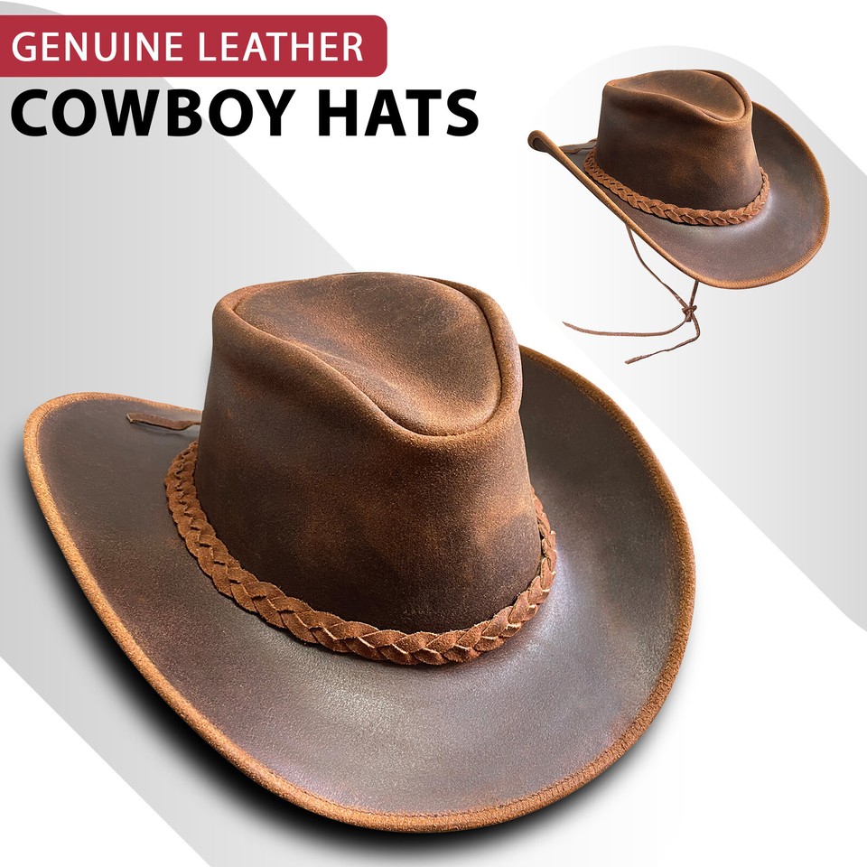 Cowboy Hat Men's Real Leather Australian Western Cowboy Tan Crazy Horse ...