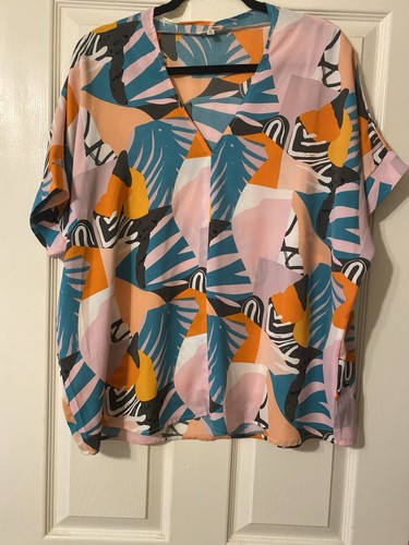 Jodifl Abstract Floral Print Short Sleeve Blouse Colorful Artistic Top ...