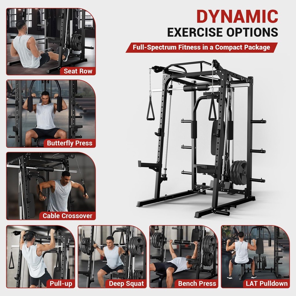 🔥Smith Machine 2000LB Power Cage Squat Rack for Home Gym Lat Pulldown ...