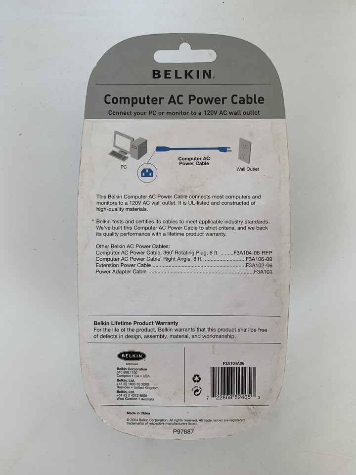 Belkin AC Power Cord. 120 V, 6 Feet Long, NWTs. #P97887 | eBay