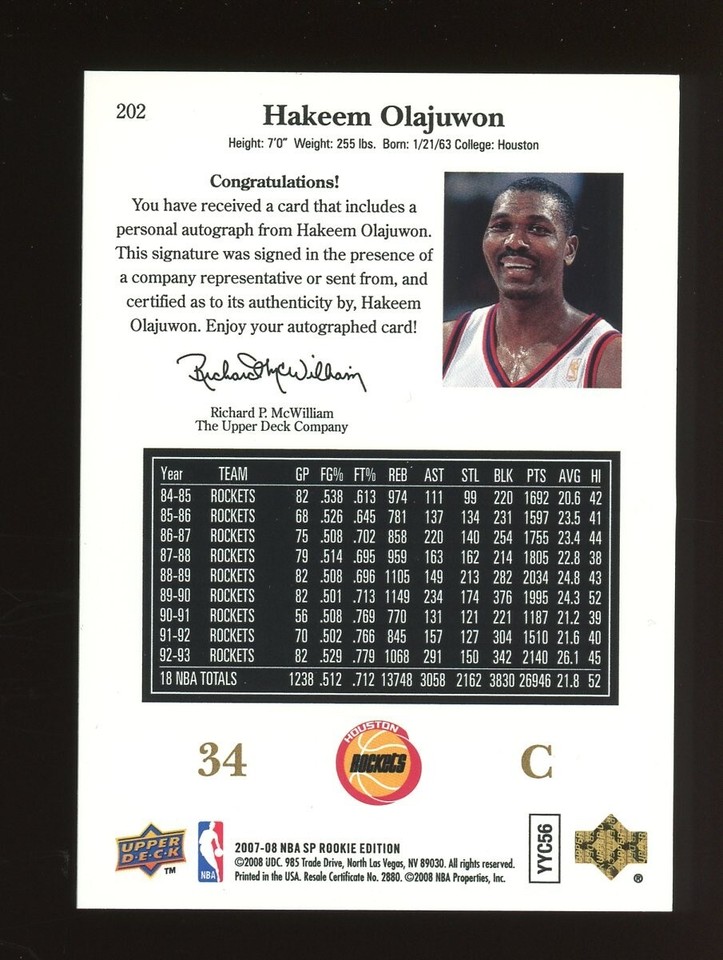 2007-08 SP Rookie Edition Hakeem Olajuwon HOF Signed AUTO Houston ...