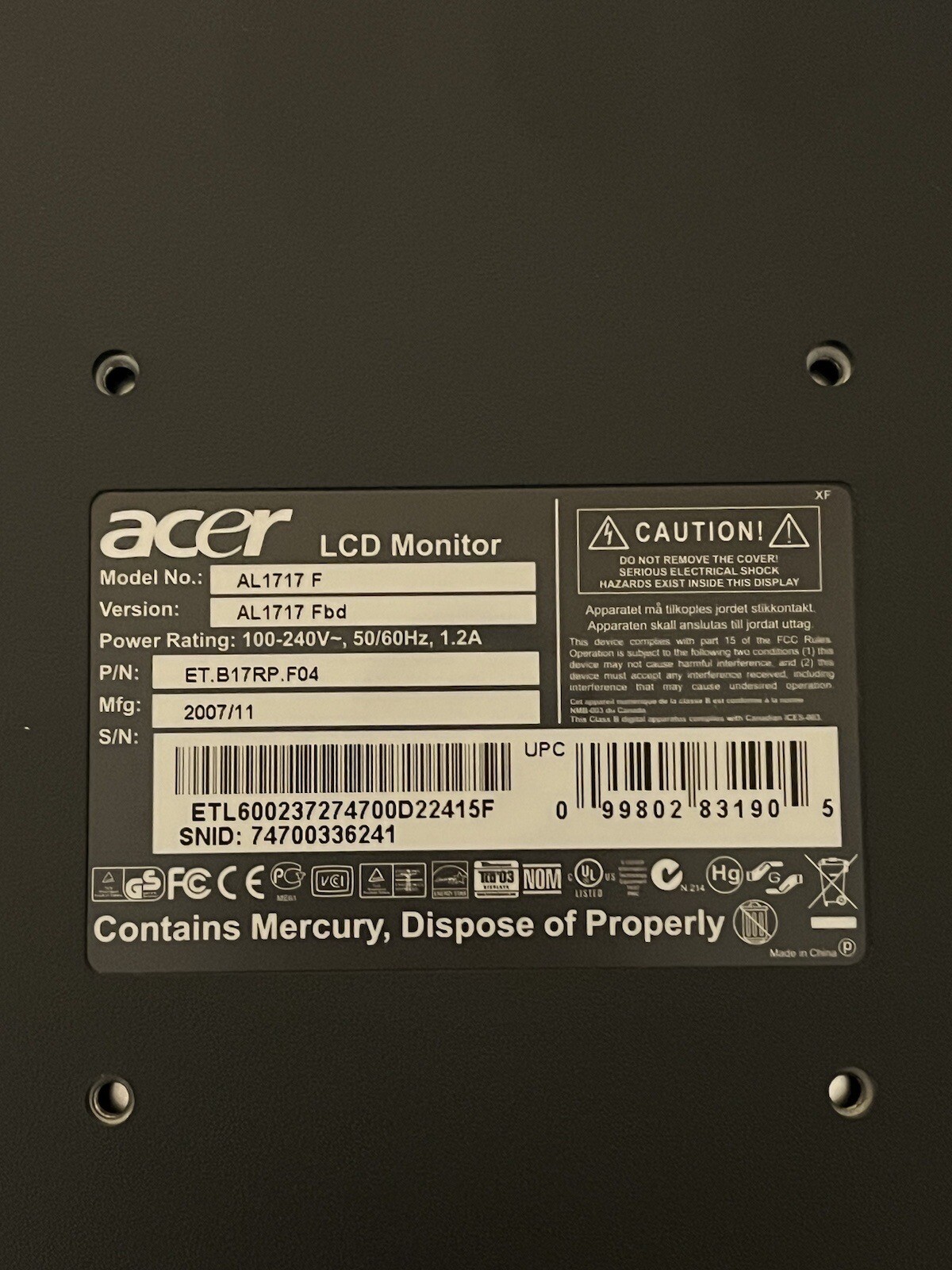 Acer 17" AL1717 / F / Fbd Flat Panel LCD Monitor Without Stand - ET ...