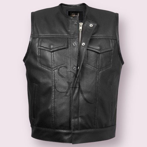 Mens Genuine Motorcycle Black Leather Biker Vest Side buckle style Gay ...