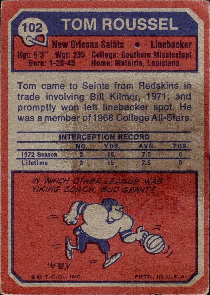TOM ROUSSEL 1973 Topps Football #102 BUY ANY 2 ITEMS FOR 50% OFF ...