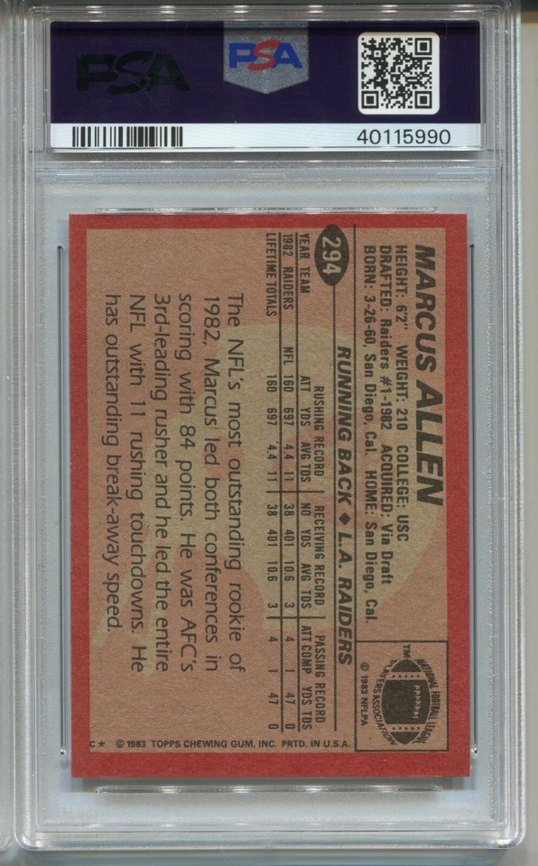 1983 Topps Marcus Allen Rookie Card PSA 10 Gem Mint Graded Football ...
