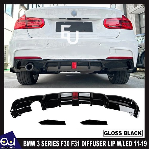 FOR BMW 3 SERIES F30 F31 REAR VALANCE DIFFUSER LIP W/LED GLOSS BLACK 11 ...