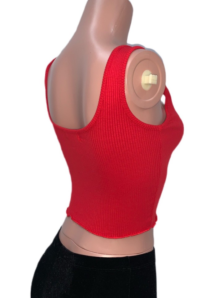 Sexy Stretch Holiday Red Ribbed Casual Semi Cropped Tank Cleavage Top ...