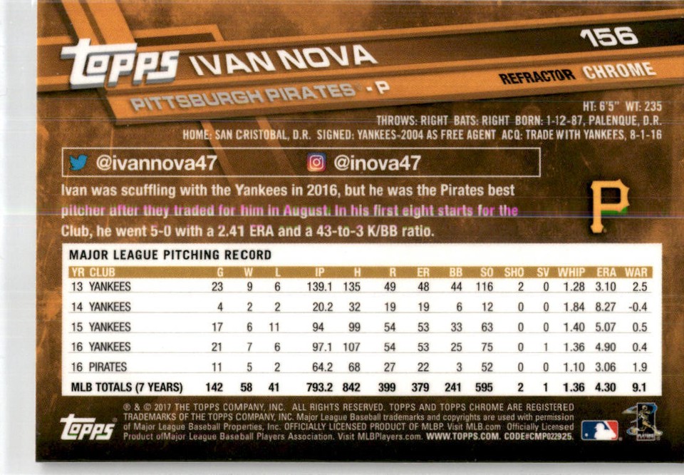 2017 Topps Chrome Baseball Sepia Refractor Ivan Nova #156 | eBay