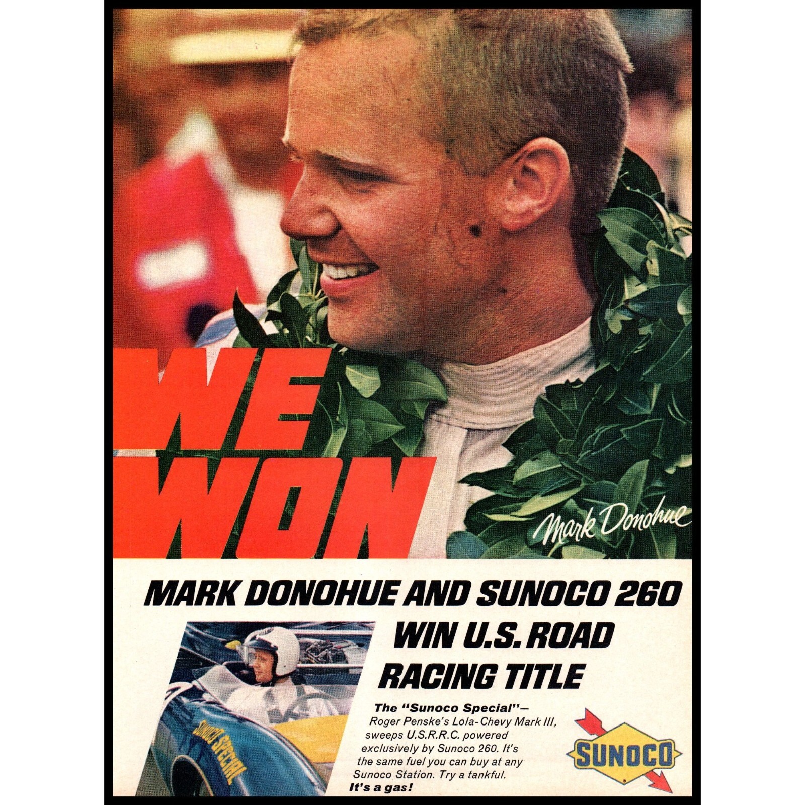 1967 Sunoco 260 Gasoline Gas Vintage Print Ad Mark Donahue Winner's ...
