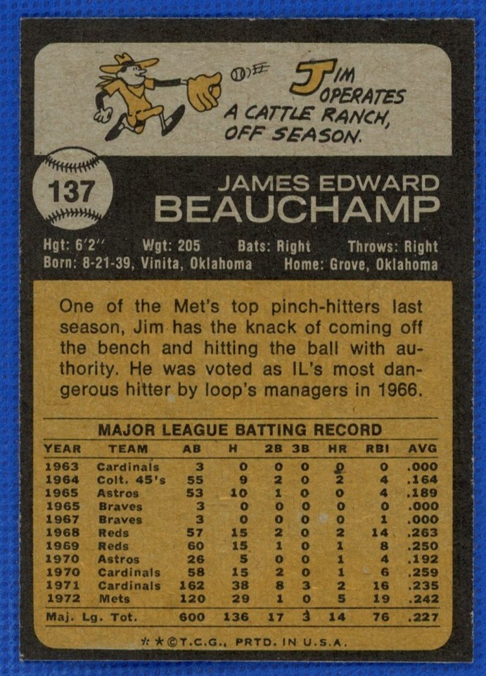 1973 Topps Set Break # 137 Jim Beauchamp New York Mets VG | eBay