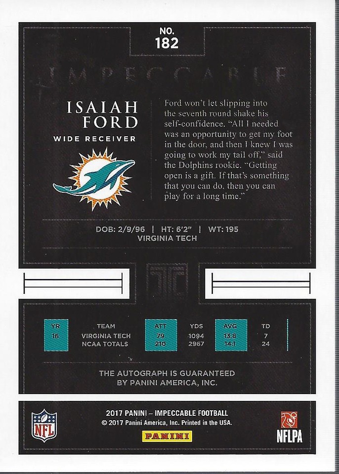 2017 Panini Impeccable Silver #182 Isaiah Ford Auto /49 - NM-MT | eBay
