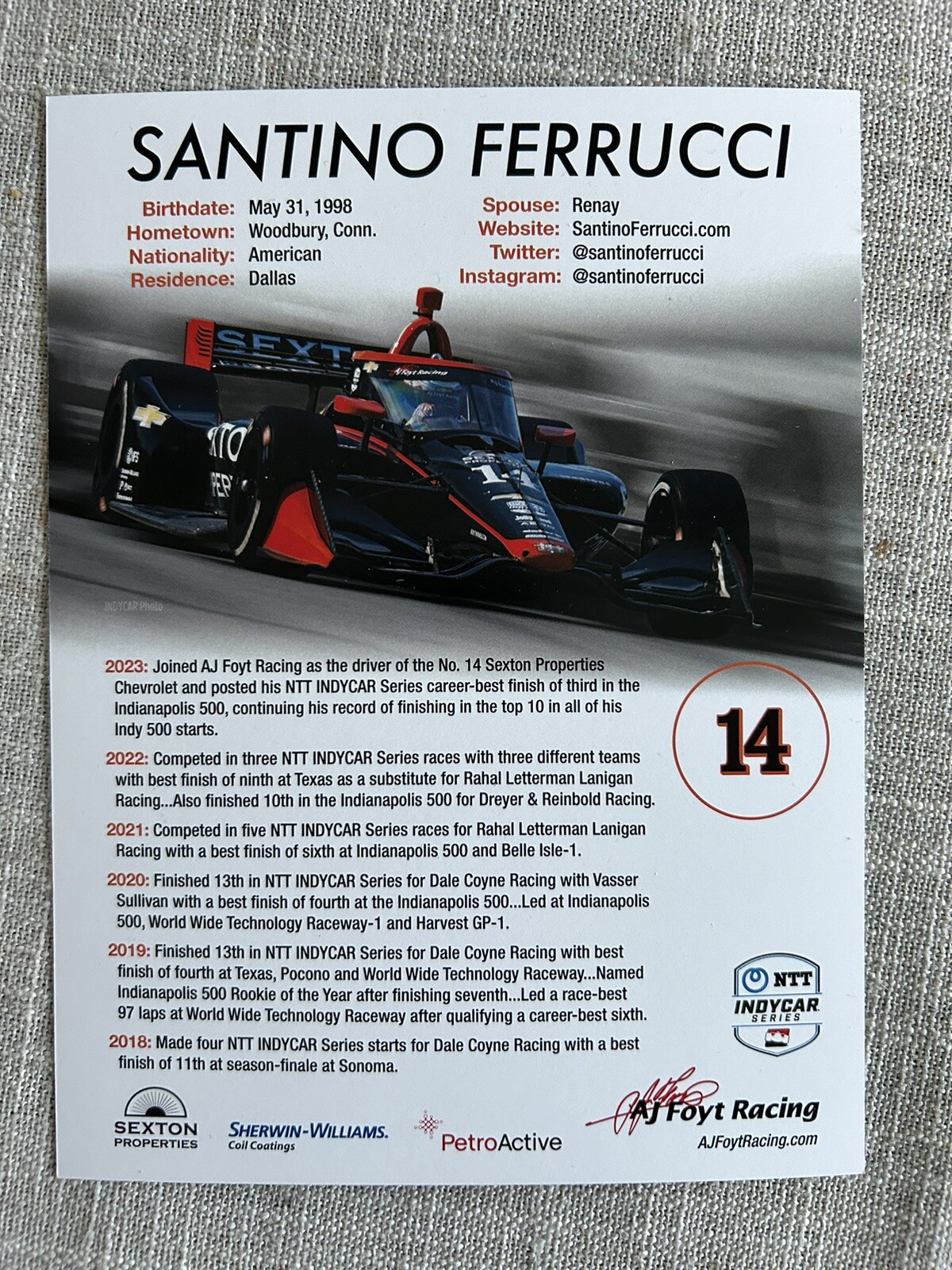 Santino Ferrucci 2024 Card AJ Foyt Racing Indycar | eBay Australia