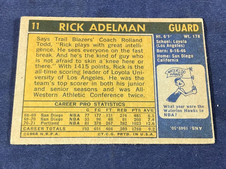 K3-8 BASKETBALL CARD - RICK ADELMAN PORTLAND TRAIL BLAZERS - 1971 TOPPS ...