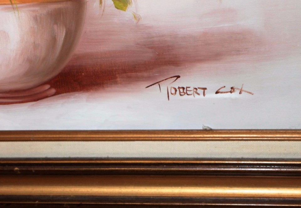 Large Robert Cox signed oil painting on canvas Flowers in Vase 43" x 32 ...