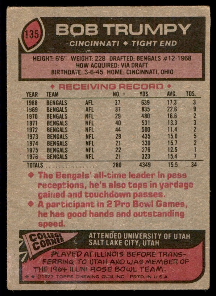 1977 Topps Bob Trumpy Football Card Cincinnati Bengals #135 | eBay