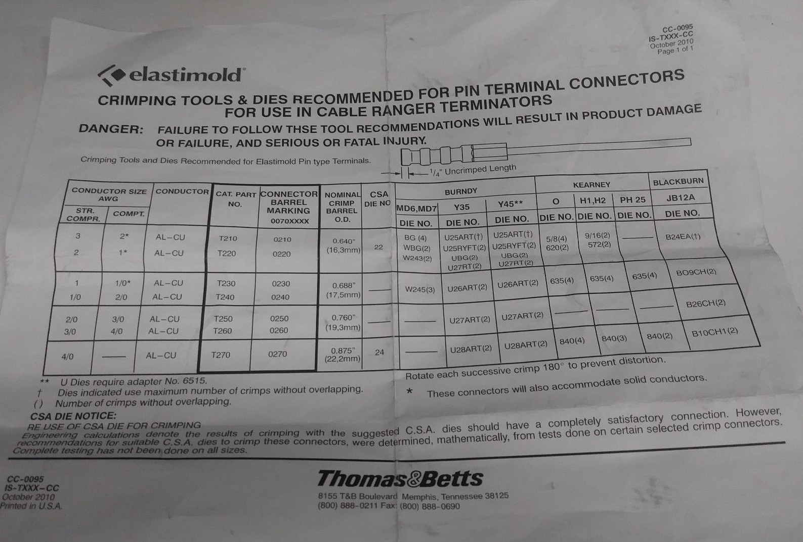 Thomas & Betts T0220 Elastimold Stem Compression Connector #2STR ...