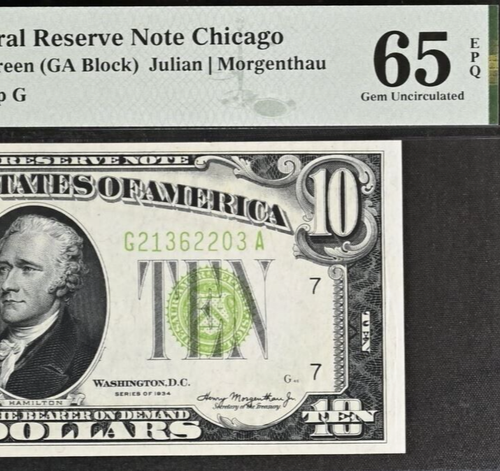 1934 $10 Federal Reserve Note Chicago PMG Gem 65EPQ - Light Green Seal ...