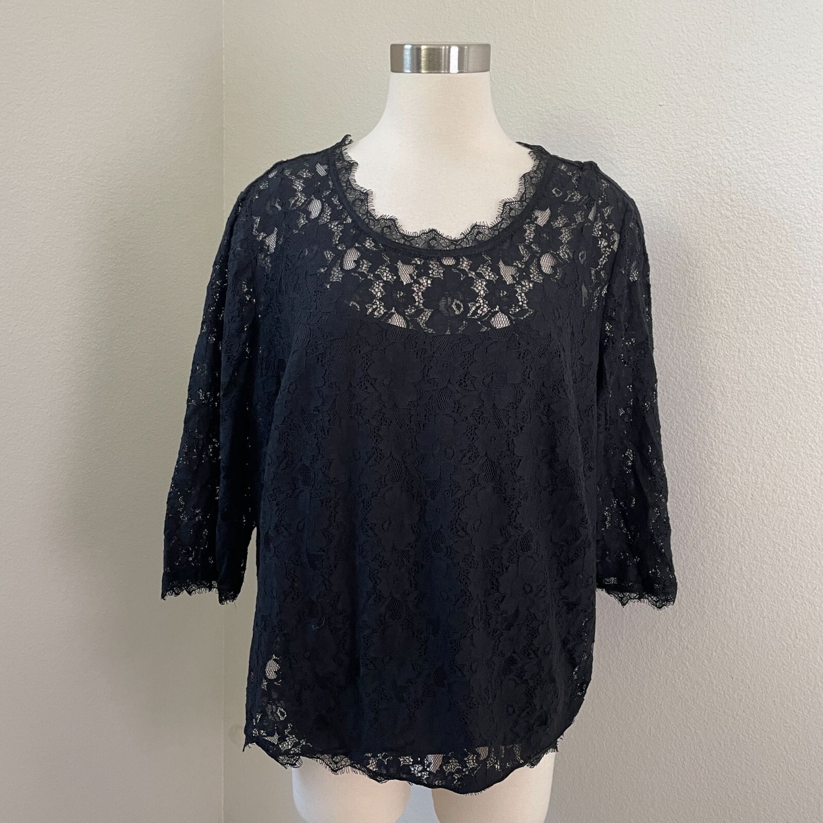 Talbots Womans Plus 20W Black Lace Overlay Top 3/4 Sl… - Gem