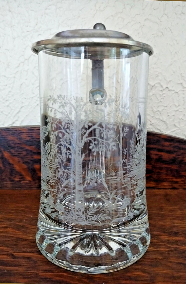 Vintage Alwe Germany etched glass stein fish lake scene with pewter lid ...
