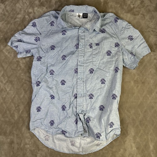 Pabst Blue Ribbon Shirt PBR Short Sleeve Blue Mens Size Small Button Up ...