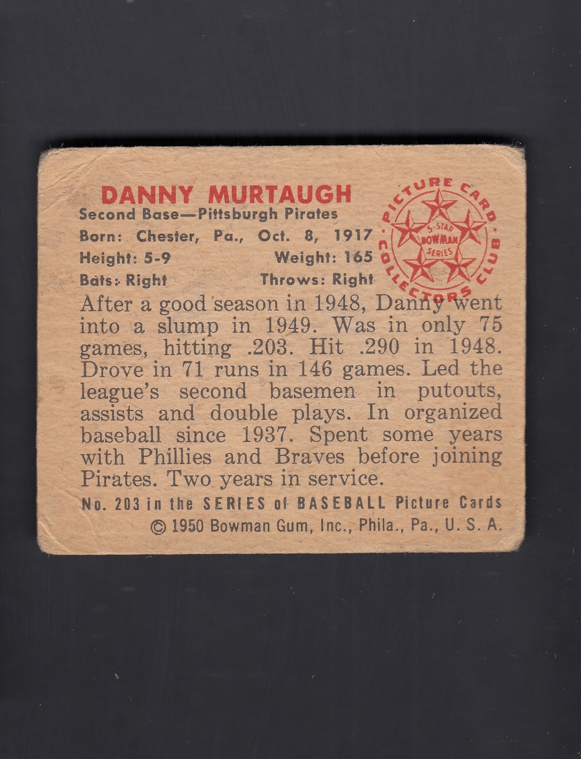 Danny Murtaugh 1950 Bowman Baseball Card #203 Pirates VG | eBay
