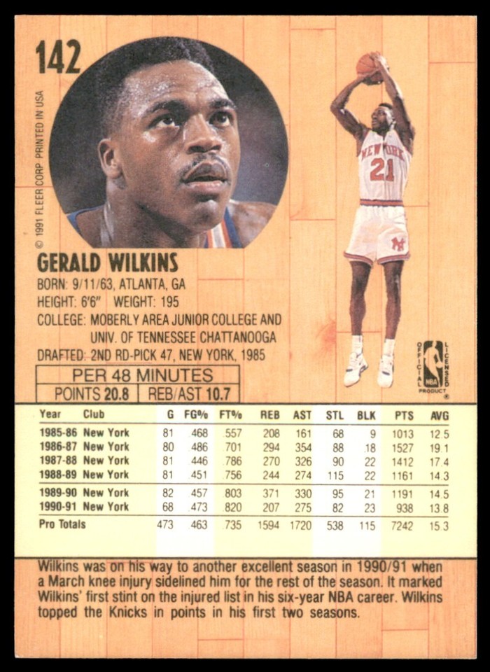 1991-92 Fleer Basketball Base Gerald Wilkins EX New York Knicks #142 ...