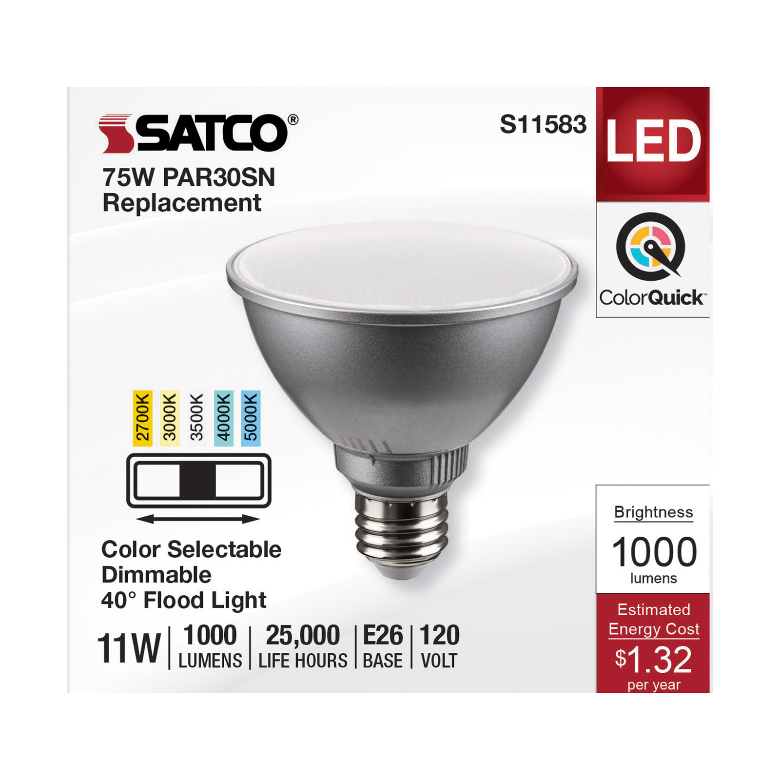 Satco S11583 Flood LED 11W =75W 120V PAR30SN Short Neck Dimmable CCT ...