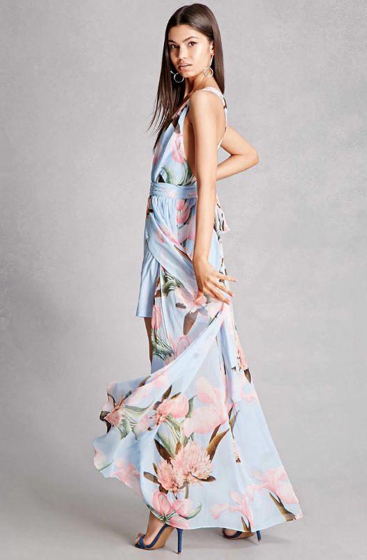 Forever 21 Blue Floral M-Slit Maxi Dress Large L | eBay