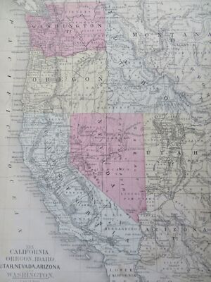 West Coast California Utah Washington Oregon Nevada Idaho 1869 Mitchell ...