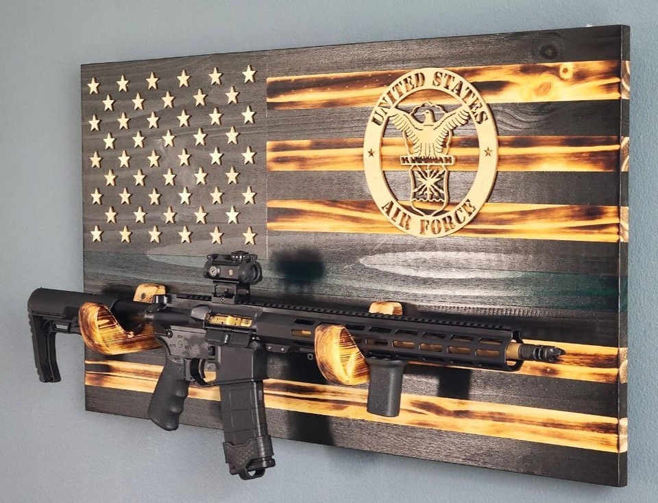 Wooden Rustic American Flag with Gun Rack Air Force Handmade 36” x 19.5 ...