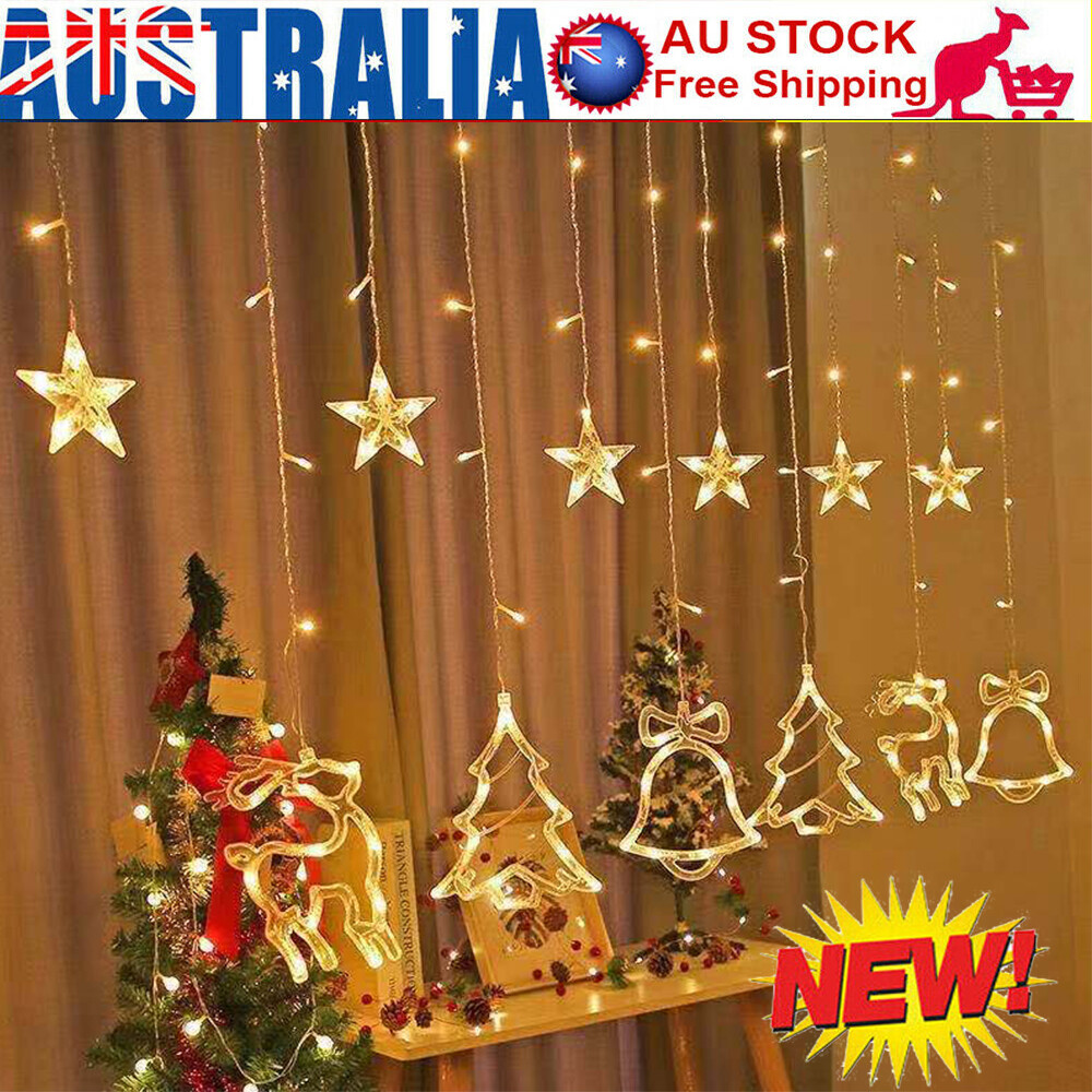 Twinkling Star Moon Bell LED Curtain Lights Fairy String Light Xmas ...