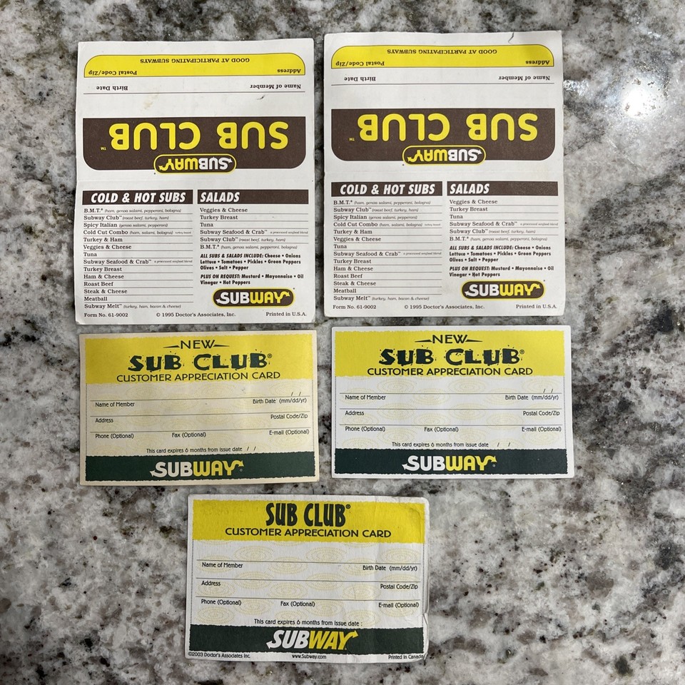 Subway Restaurant Sandwich Sub Club Cards Stamps Lot 1990’s Yellow Blue ...