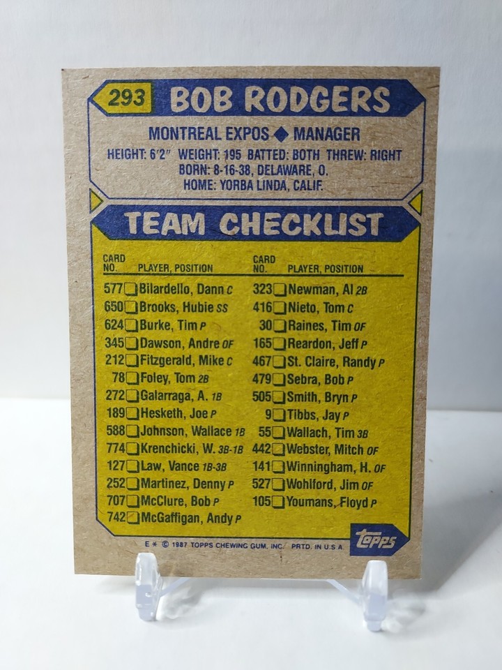 1987 Topps Baseball #293 Bob Rodgers MGR Montreal Expos | eBay