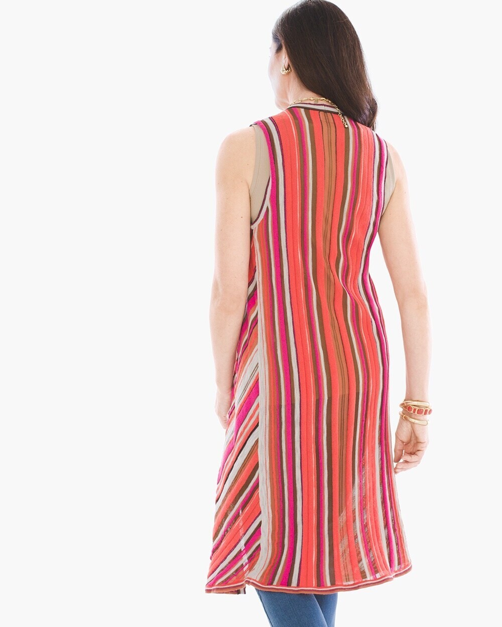 Chico's Women's Mitered Stripe Pattern Vest Long Line Open Front Pink Sz Medium | eBay