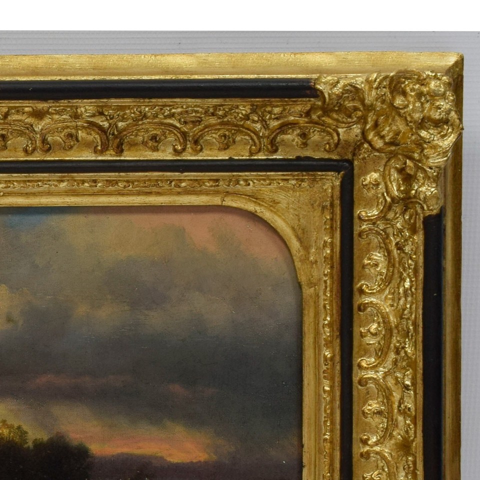 19th century Old oil painting landscape with setting sun 24 x 16.5 in ...