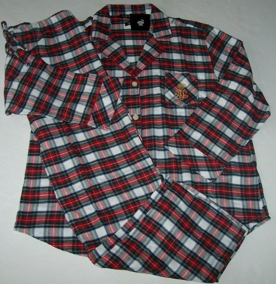 NWT Ralph Lauren CREAM/RED PLAID Lightweight Flannel Classic Pajama Set ...