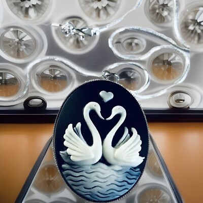 Swans in Love Cameo Necklace, Swan Bird Vtg Pendant, .925 Sterling ...