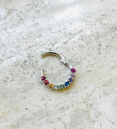 Rainbow Septum Ring Clicker Daith Hoop with Natural Sapphire 14kGold ...