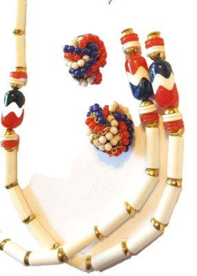 Vintage Necklace Earrings Jewelry Set- Red, White, Blue Lucite, 44" js ...