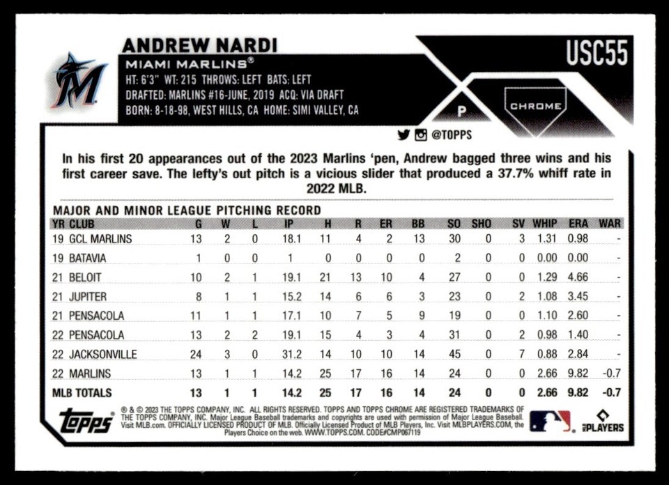 2023 Topps Chrome Update Baseball Andrew Nardi RC Miami Marlins #USC55 ...