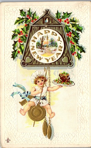 Vintage New Year Postcard LSC Card ~ Baby swinging on Clock Gold Gilt ...